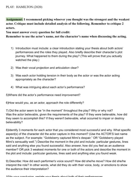 PLAY: HAMILTON (2020) Assignment: I recommend picking | Chegg.com