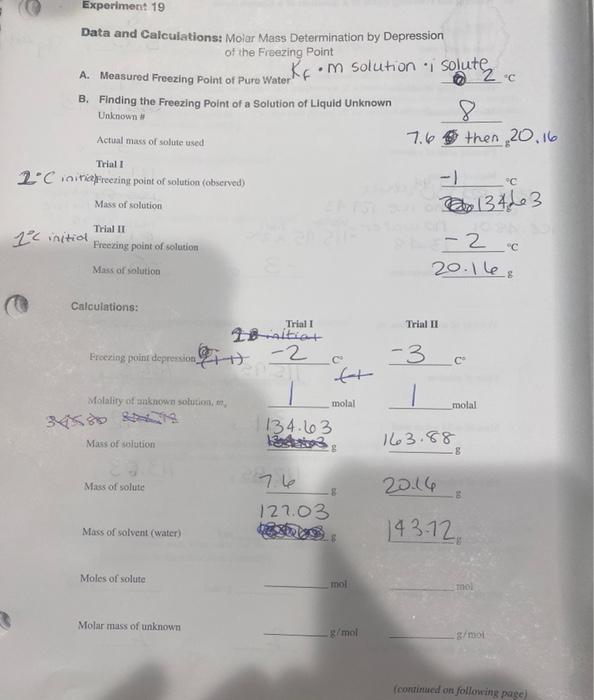 Solved Experiment 19 Data and Calculations: Molar Mass | Chegg.com