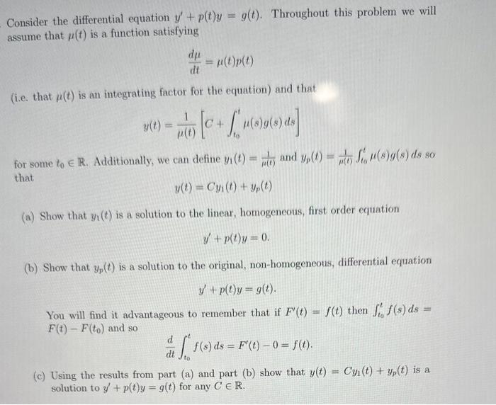 Solved Consider the differential equation y′+p(t)y=g(t). | Chegg.com