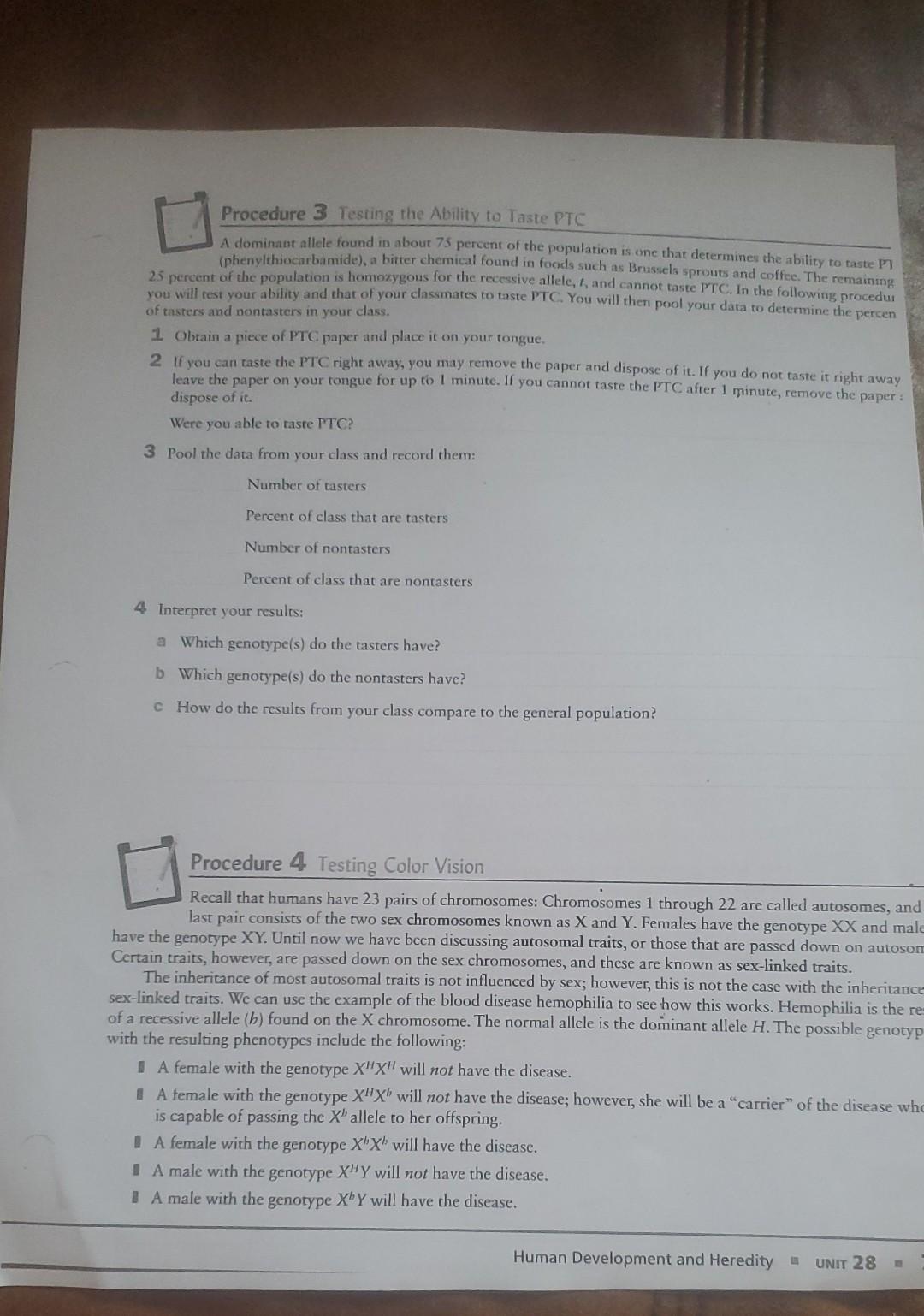 Solved Procedure 3 Testing the Ability to Taste PTC A | Chegg.com