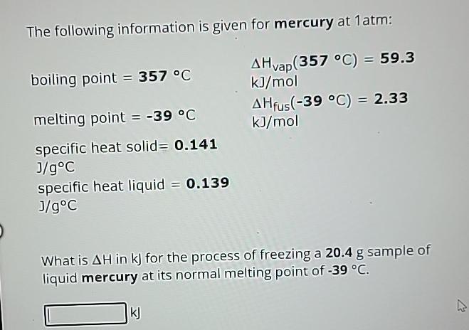 Solved The following information is given for mercury at 1 | Chegg.com