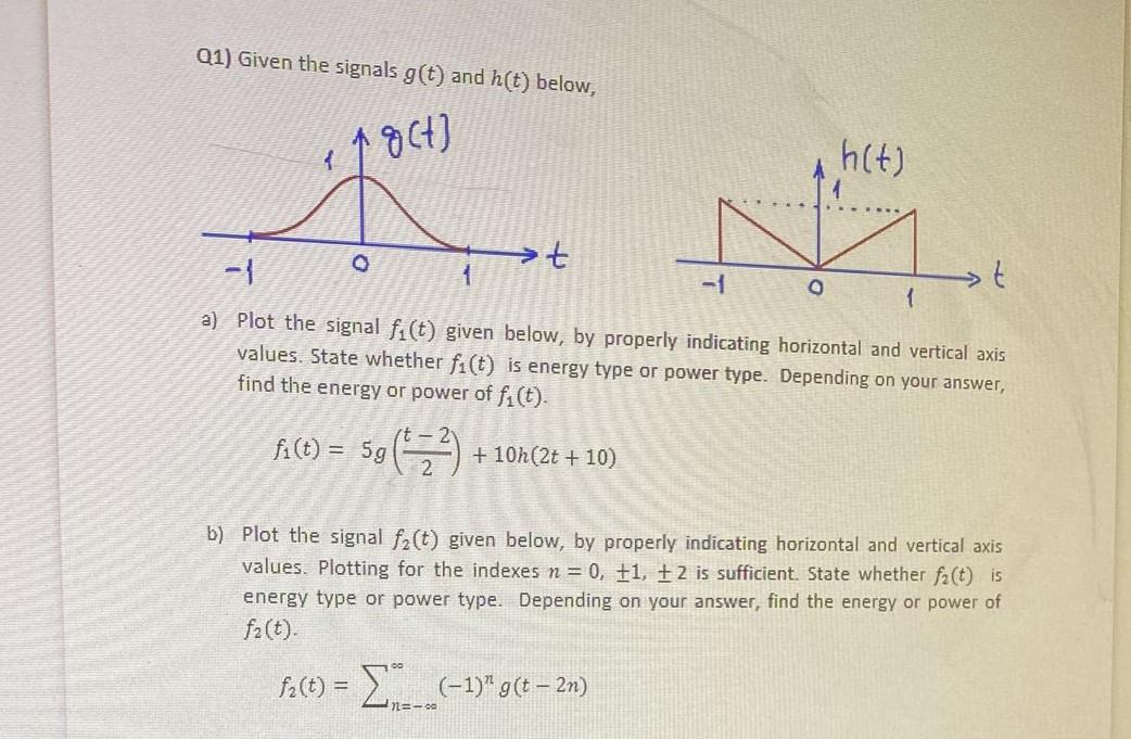 Q1) Given the signals g(t) and h(t) below, a) Plot | Chegg.com