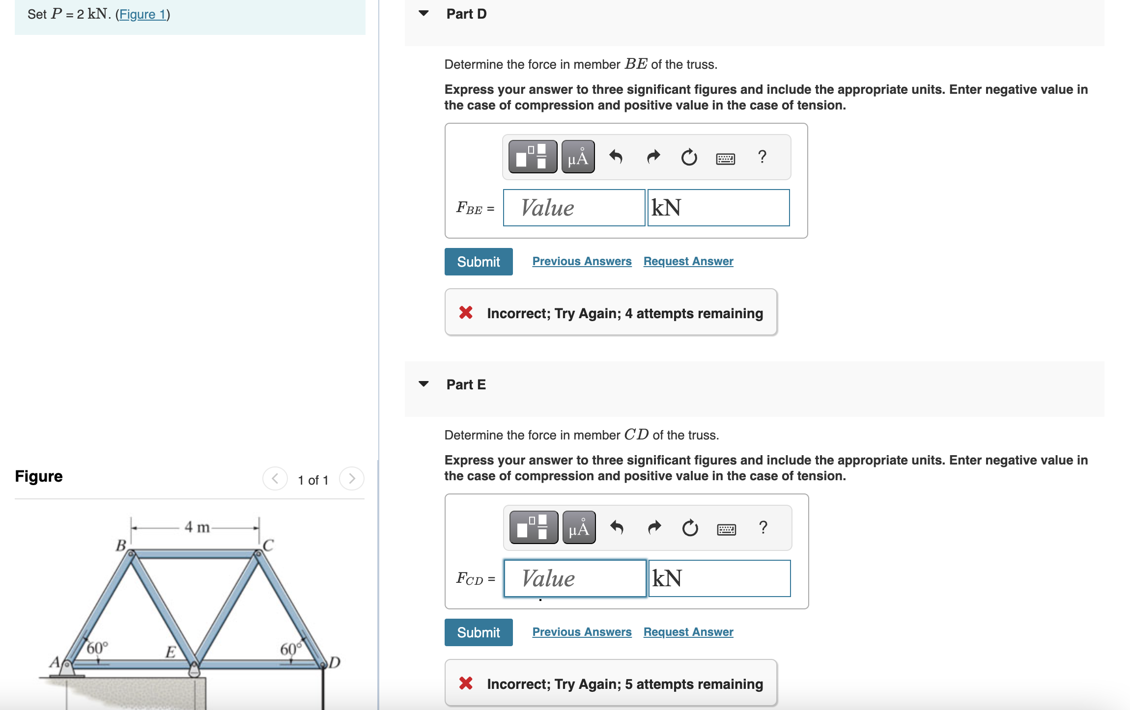Solved Set \( ﻿P=2 \mathrm{kN} \). (Figure 1)Part DDetermine | Chegg.com