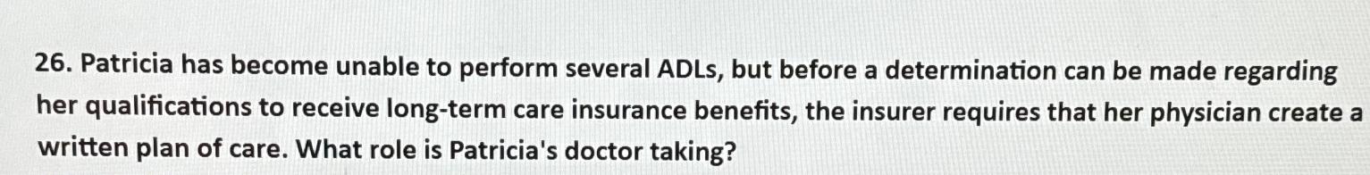 Solved Patricia has become unable to perform several ADLs, | Chegg.com
