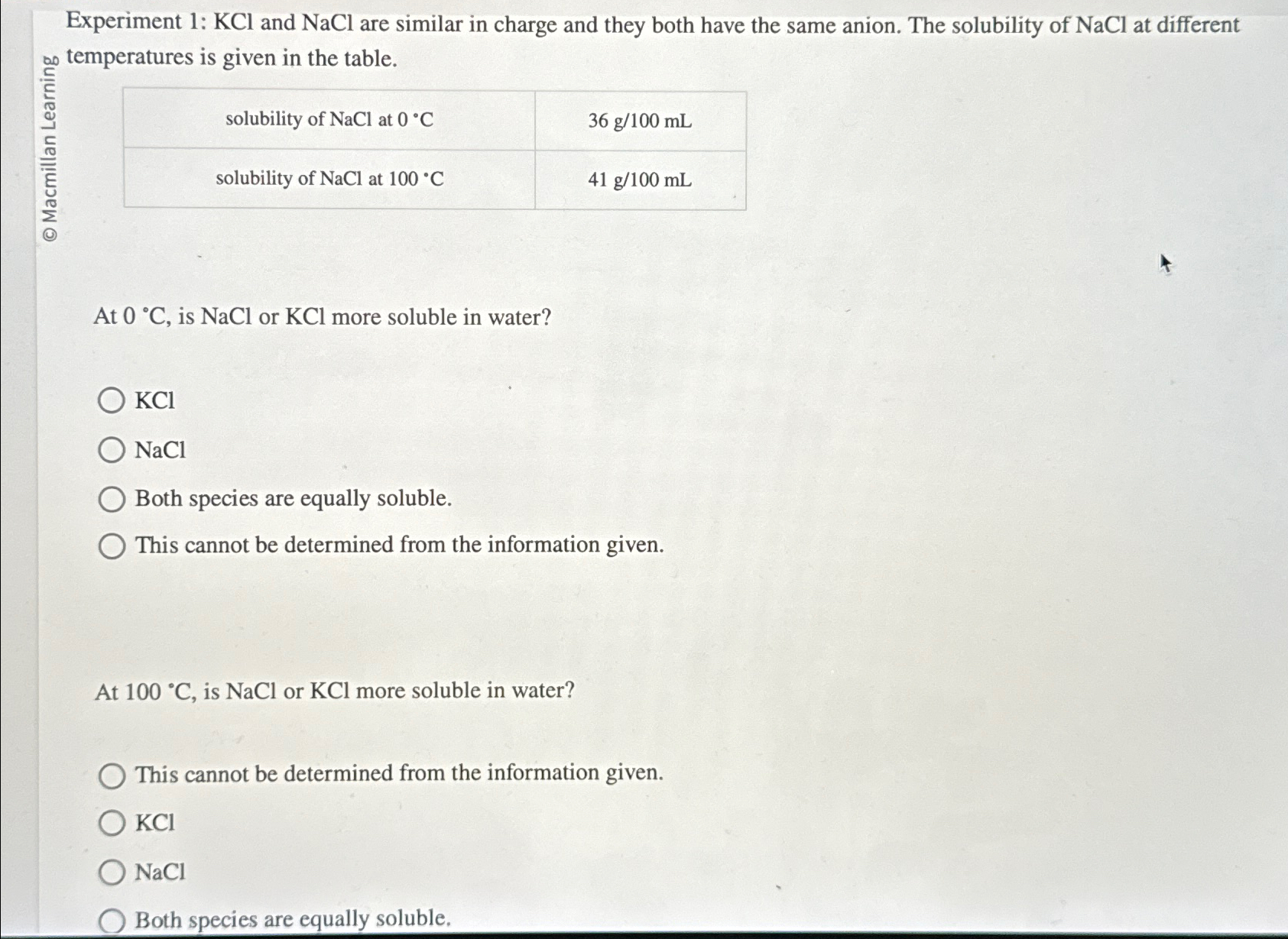 Experiment 1: KCl ﻿and NaCl are similar in charge and | Chegg.com