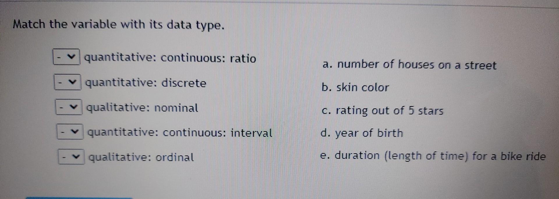 Solved Match the variable with its data type. quantitative: | Chegg.com