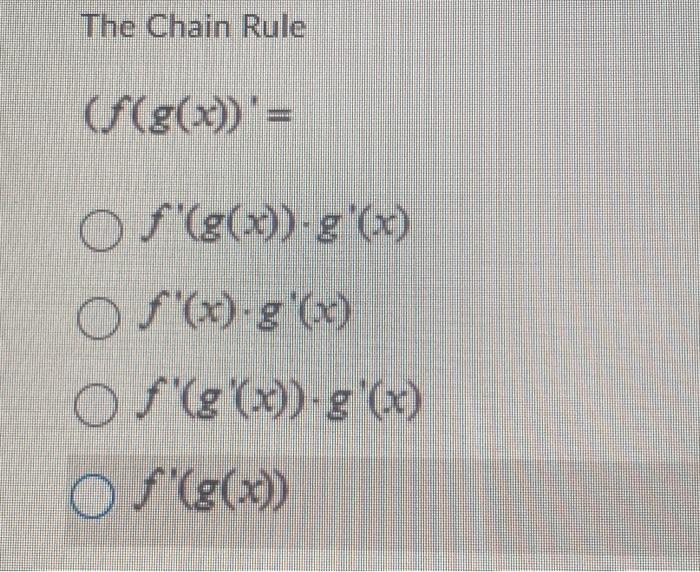 Solved The Chain Rule (f(g(x)) = O ƒ'(g()))) = (x) Of() g() | Chegg.com