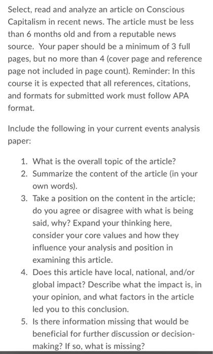 Select, read and analyze an article on Conscious | Chegg.com