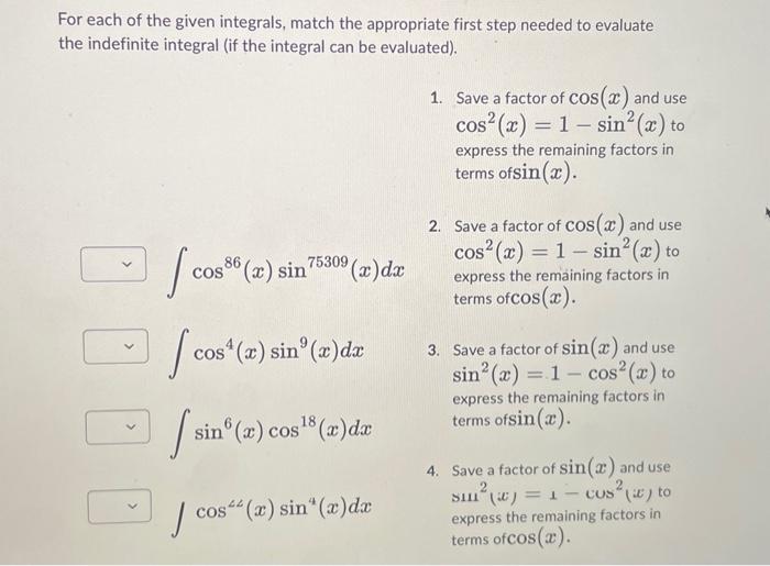 Solved For each of the given integrals, match the | Chegg.com