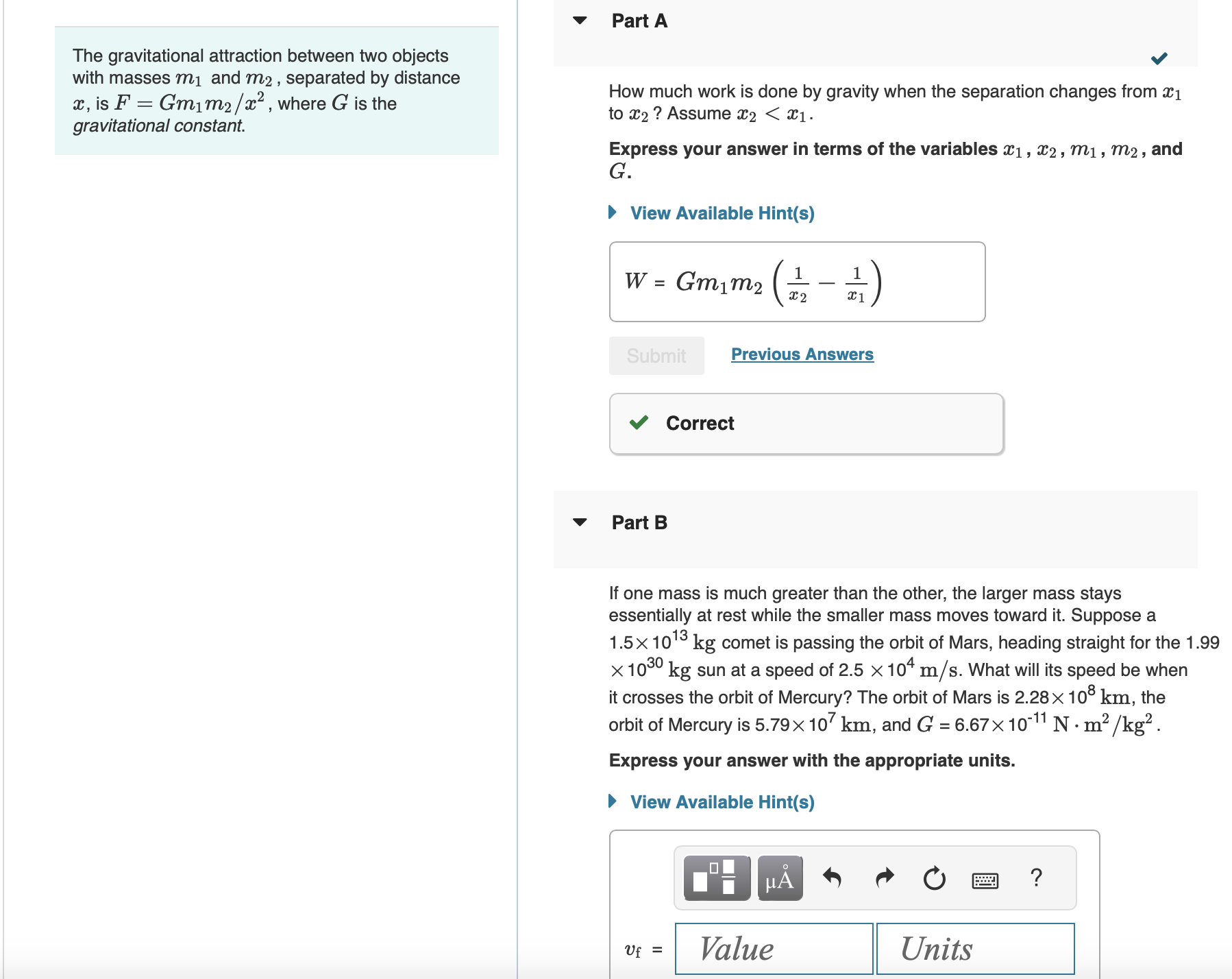 Solved Part AThe gravitational attraction between two | Chegg.com