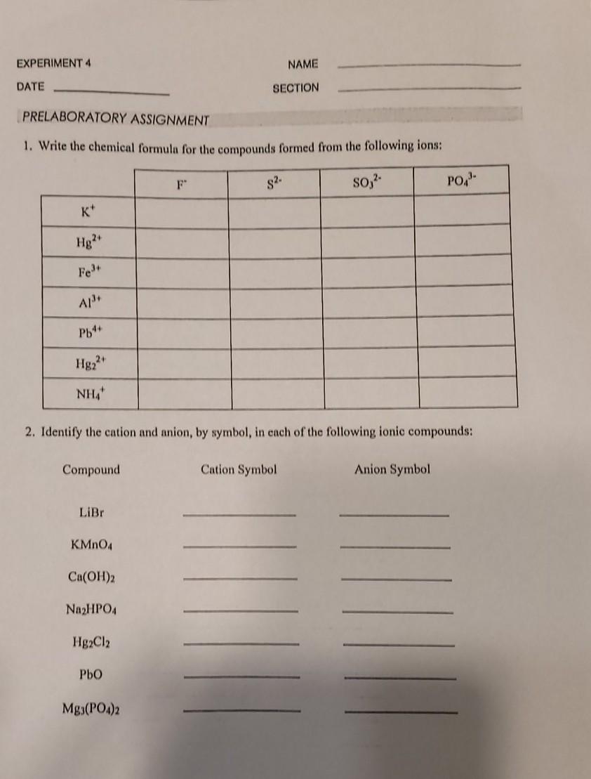 Solved EXPERIMENT 4 NAME DATE SECTION PRELABORATORY | Chegg.com