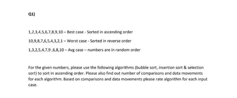 Solved 1,2,3,4,5,6,7,8,9,10 - Best case - Sorted in | Chegg.com