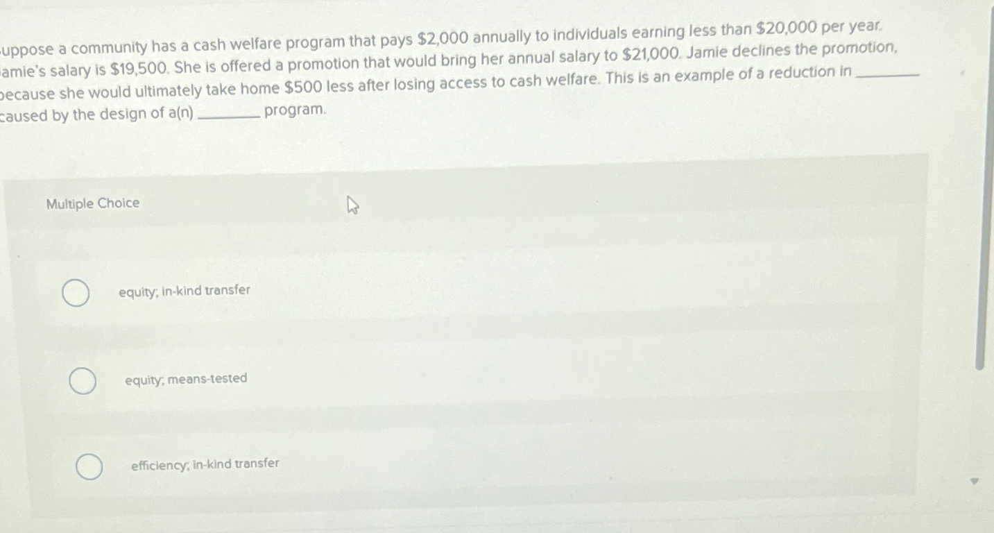 Solved uppose a community has a cash welfare program that | Chegg.com
