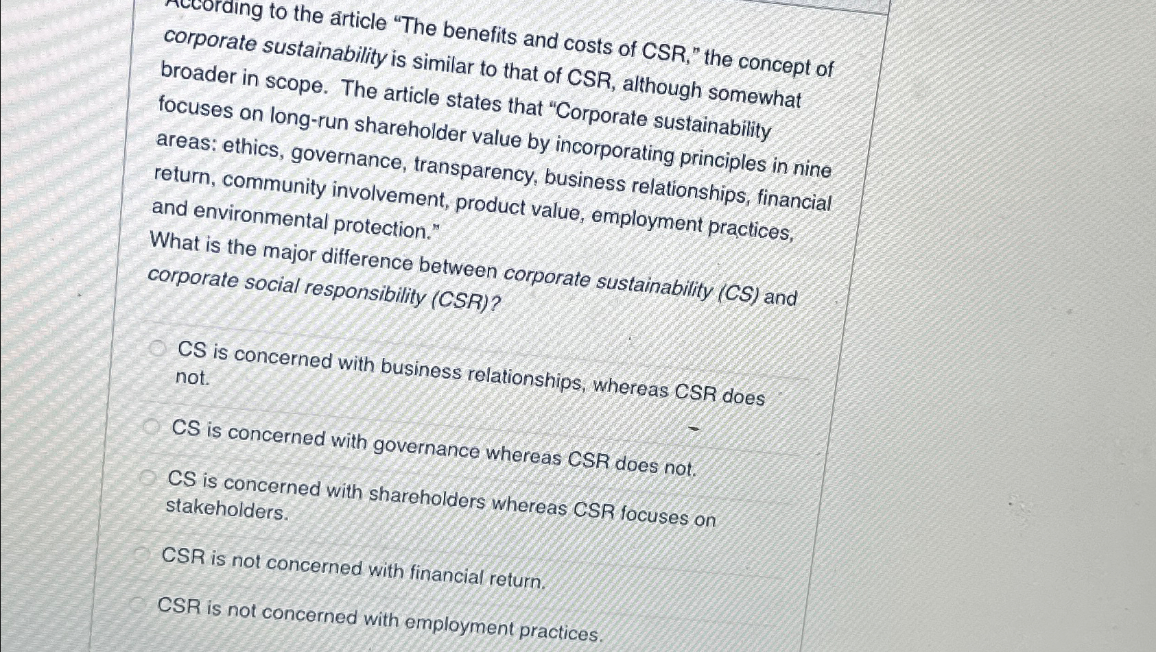 Solved The benefits and costs of CSR," ﻿the concept of | Chegg.com