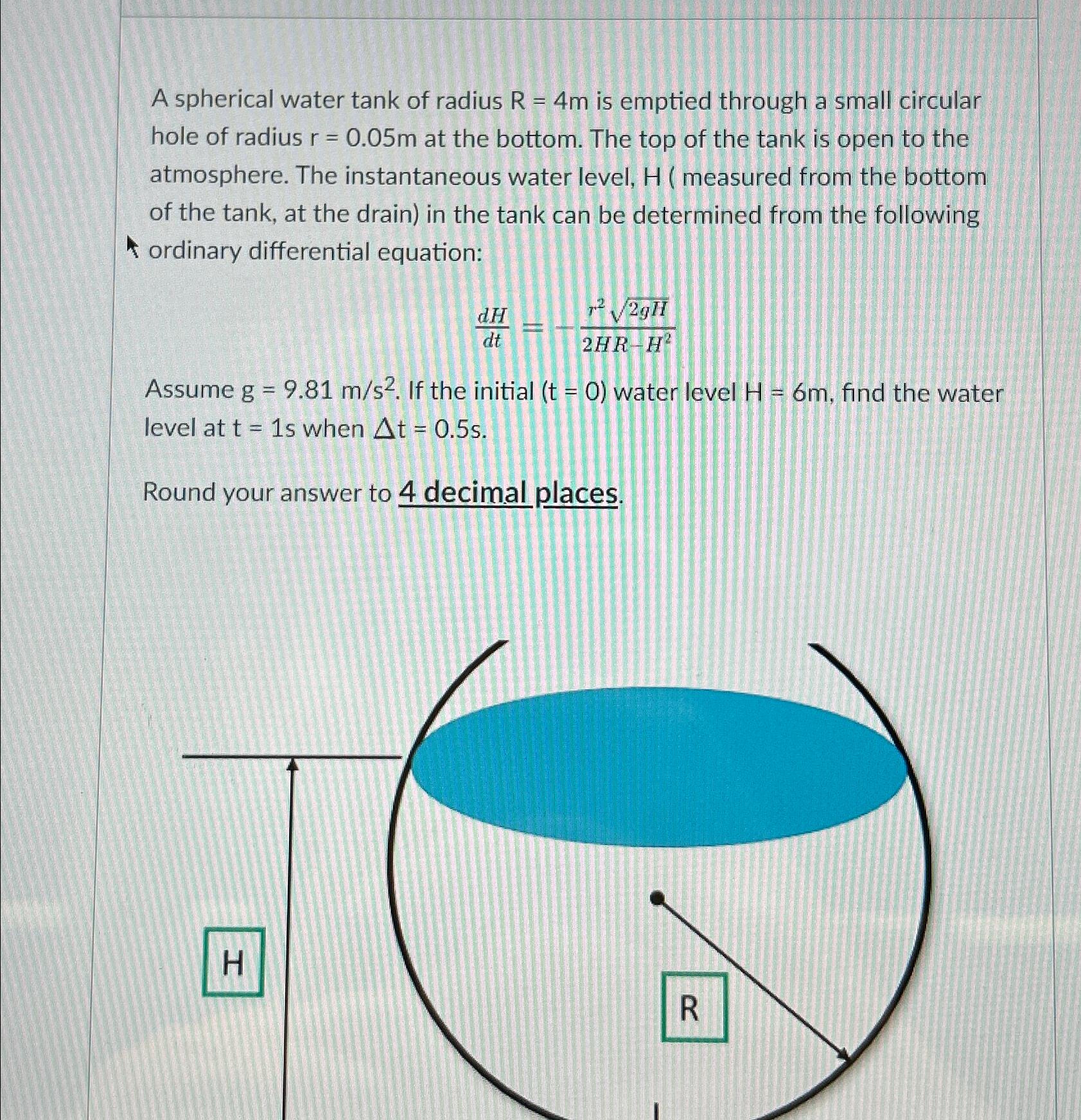 Solved A spherical water tank of radius R=4m ﻿is emptied | Chegg.com