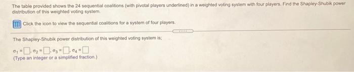 Solved The table provided shows the 24 sequential coalitions | Chegg.com