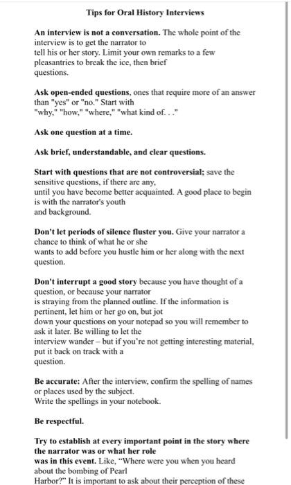 For this assignment, you will conduct an oral history | Chegg.com