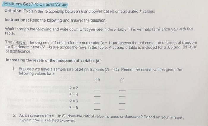Solved Problem Set 7.1: Critical Value Criterion: Explain | Chegg.com