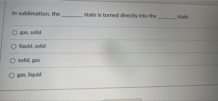 Solved In sublimation, the state is turned directly into the | Chegg.com