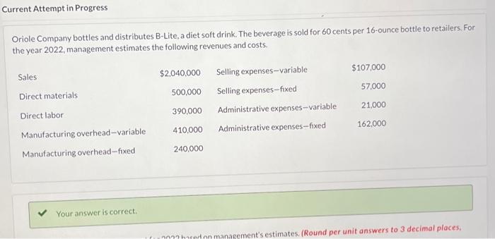Solved Current Attempt in Progress Oriole Company bottles | Chegg.com