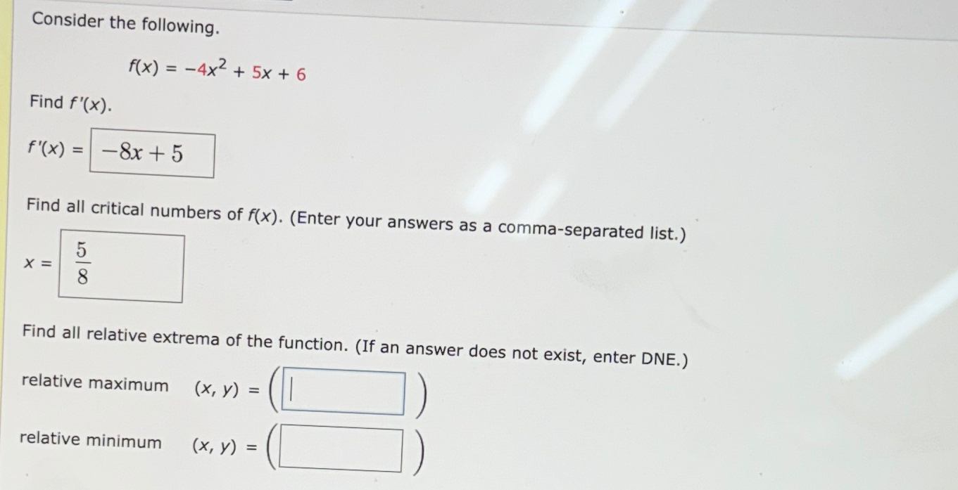 Solved Consider the following.f(x)=-4x2+5x+6Find | Chegg.com