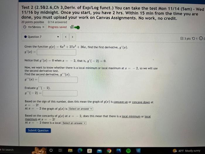 Solved Test 2 (2.5\&2.6, Ch 3,Deriv. of Exp/Log funct.) You | Chegg.com