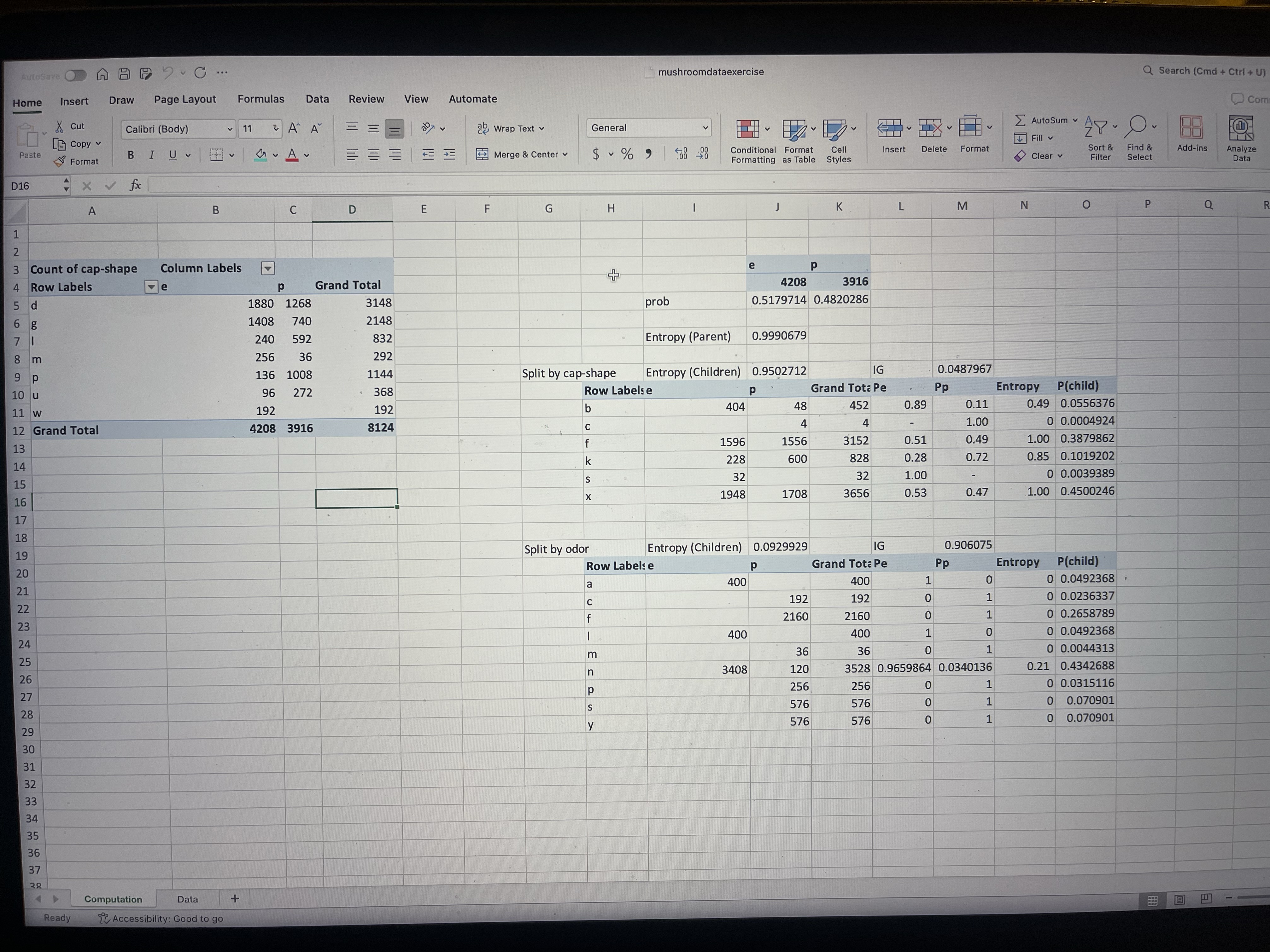 Solved Computing IG & Entropy in Excel. Question 1 | Chegg.com