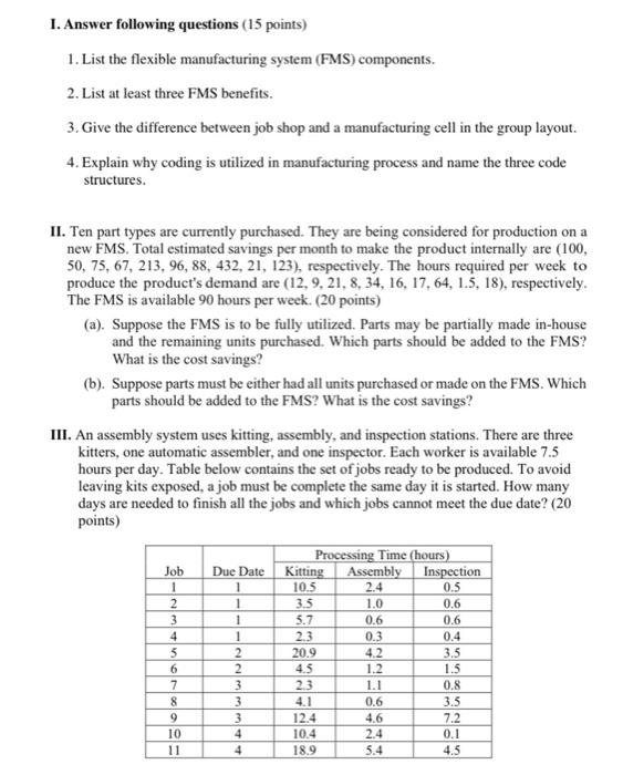 Solved I. Answer following questions (15 points) 1. List the | Chegg.com