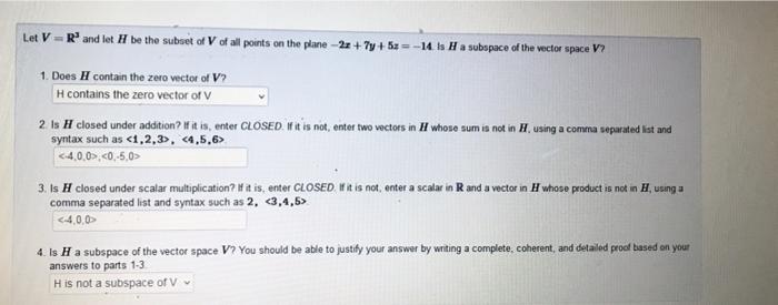 Solved et V=R3 and let H be the subset of V of all points on | Chegg.com