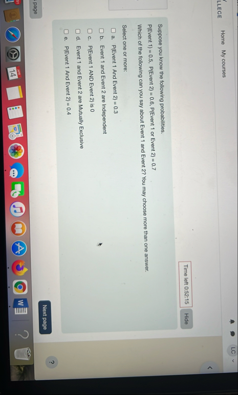 Solved Home My coursesTime left 0:52:15HideSuppose you know | Chegg.com