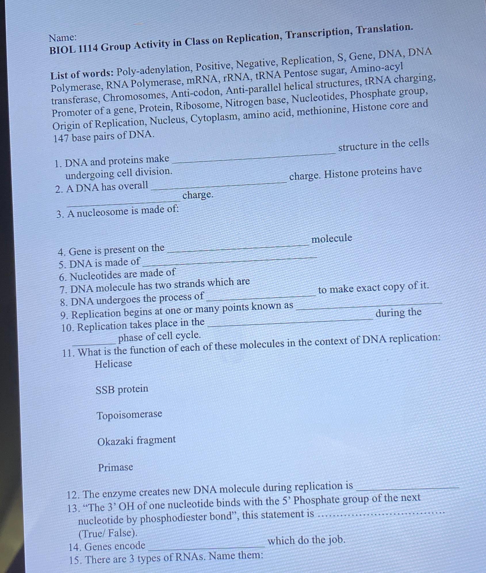 Solved Name:BIOL 1114 ﻿Group Activity in Class on | Chegg.com