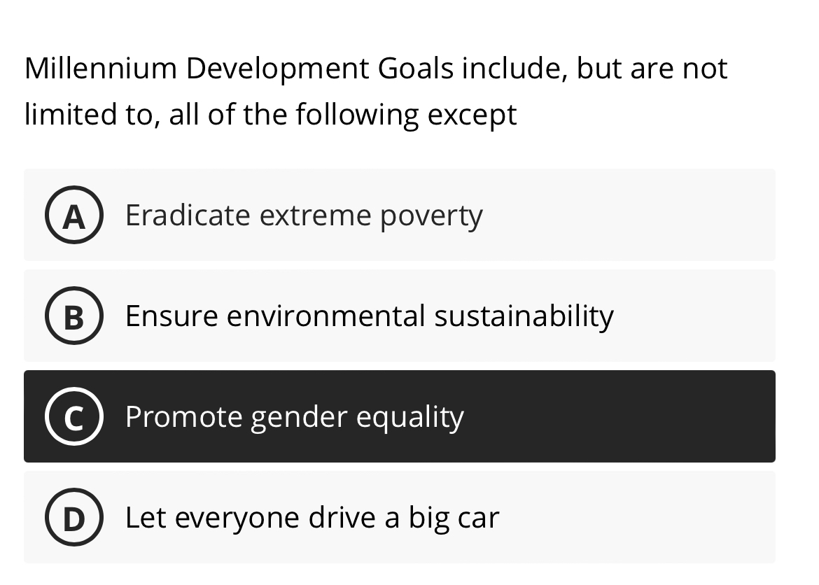 Solved Millennium Development Goals include, but are not | Chegg.com