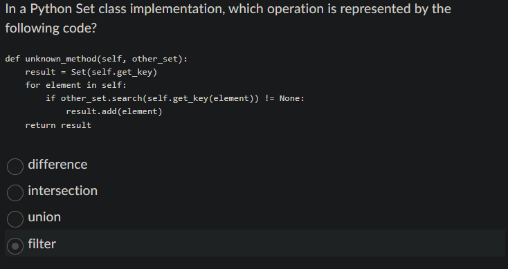 Solved In a Python Set class implementation, which operation | Chegg.com