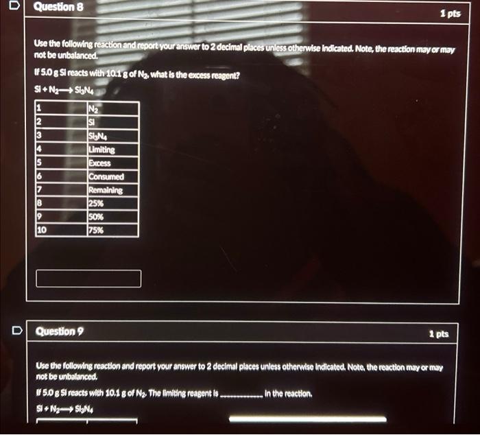Solved Question 8 1 pts not be unbalanced. 1f 5.0 g Si | Chegg.com