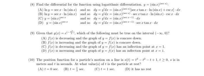Solved (8) Find the differential for the function using | Chegg.com