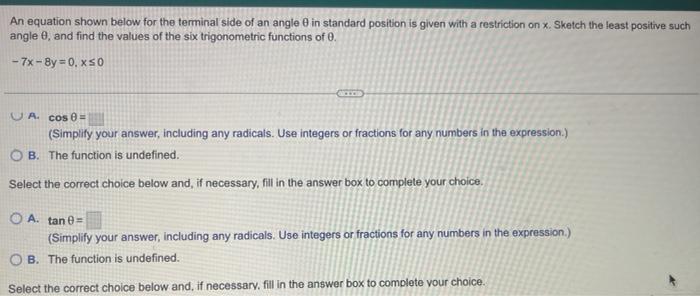 Solved An equation shown below for the terminal side of an | Chegg.com