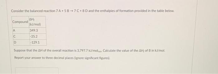 Solved Consider the balanced reaction 7 A+5 B→7C+8D and the | Chegg.com