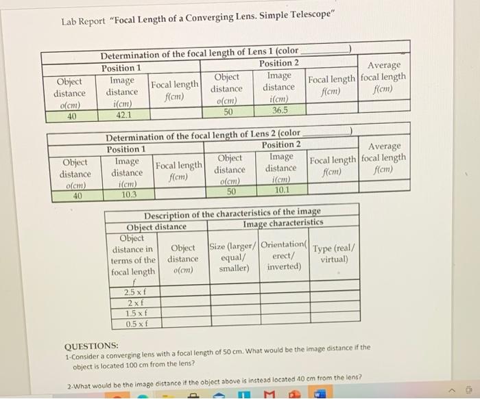Solved Lab Report "Focal Length of a Converging Lens. Simple | Chegg.com
