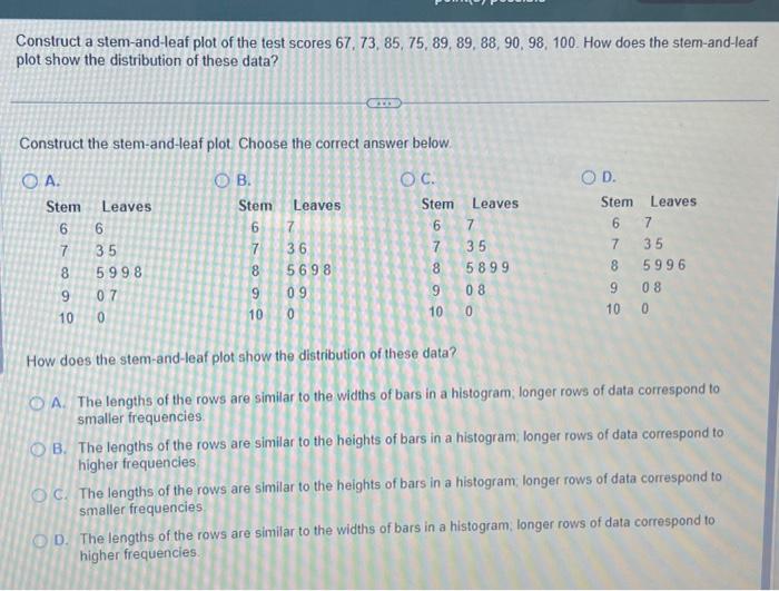 Solved Construct a stem-and-leaf plot of the test scores | Chegg.com