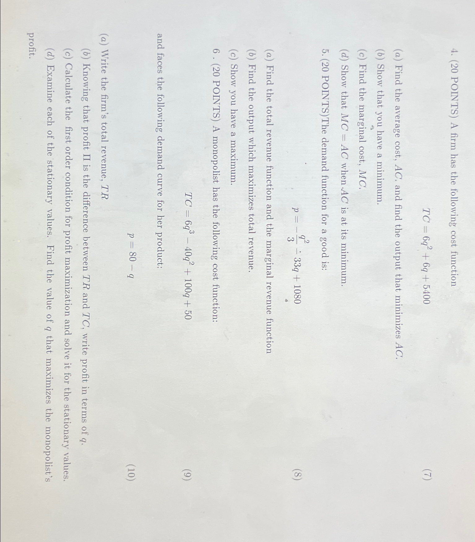 Solved (20 ﻿POINTS) ﻿A firm has the following cost | Chegg.com