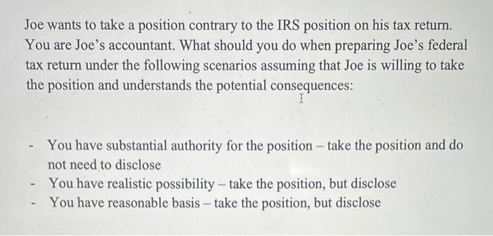 Solved Joe wants to take a position contrary to the IRS | Chegg.com