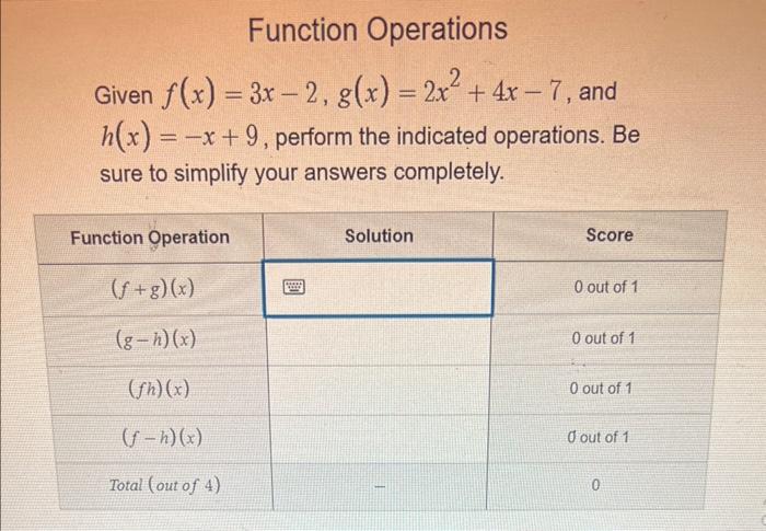 Solved Given f(x)=3x−2,g(x)=2x2+4x−7, and h(x)=−x+9, perform | Chegg.com