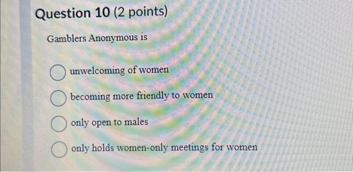Solved Gamblers Anonymous is unwelcoming of women becoming | Chegg.com