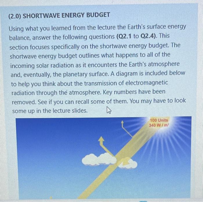 (2.0) SHORTWAVE ENERGY BUDGET Using what you learned | Chegg.com