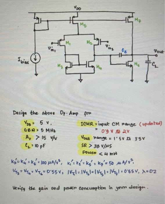 Solved Design the above Op. Amp for VDB=5v, ICMR = input CM | Chegg.com