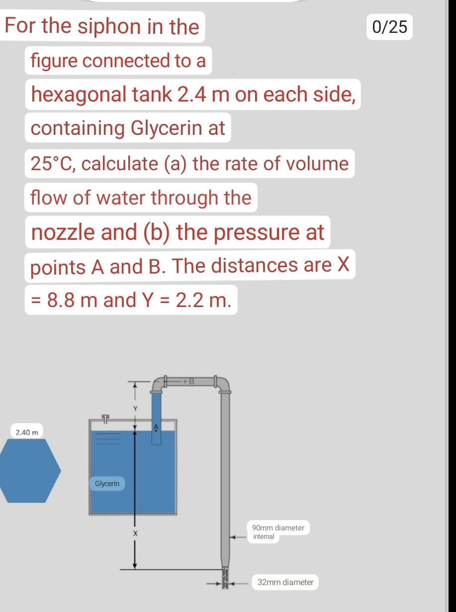 hexagonal tank 2.4 m on each side, 25∘C, calculate | Chegg.com