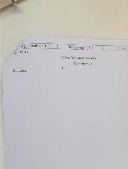 Solved PSU - Math (101) Homework (1) Form Q(19): Solve for y | Chegg.com