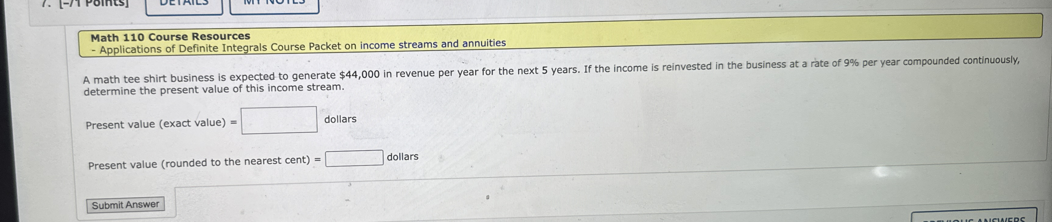 Solved Math 110 ﻿Course ResourcesApplications of Definite | Chegg.com