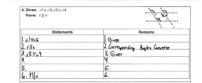 4. Given: ∠1≅∠5:∠3≅∠4 Prove: t∥v | Chegg.com