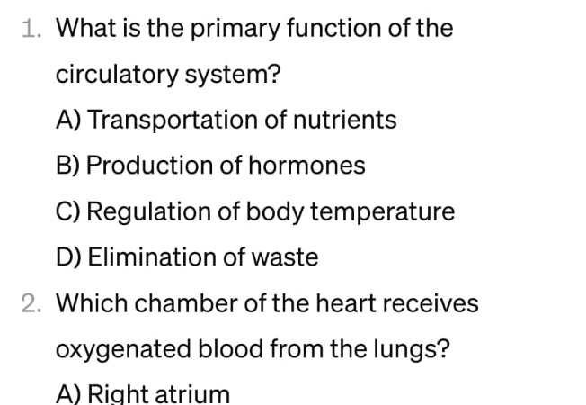Solved What is the primary function of the circulatory | Chegg.com